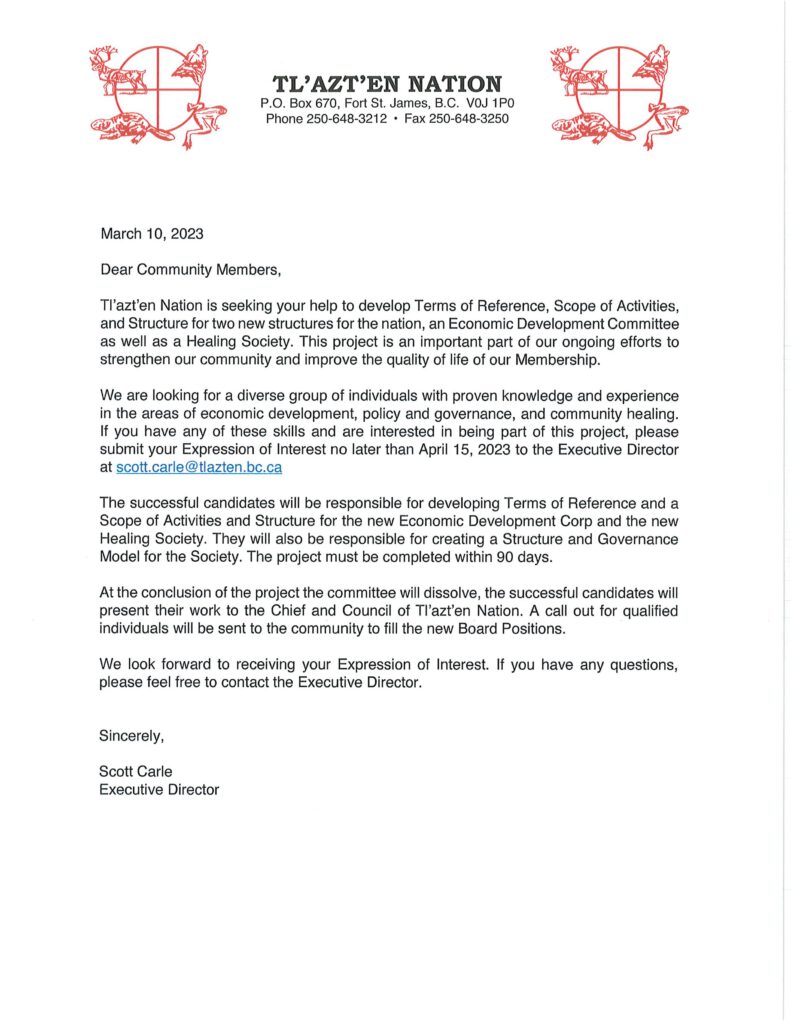 Call Out for Committee Members - Tl'azt'en Nation