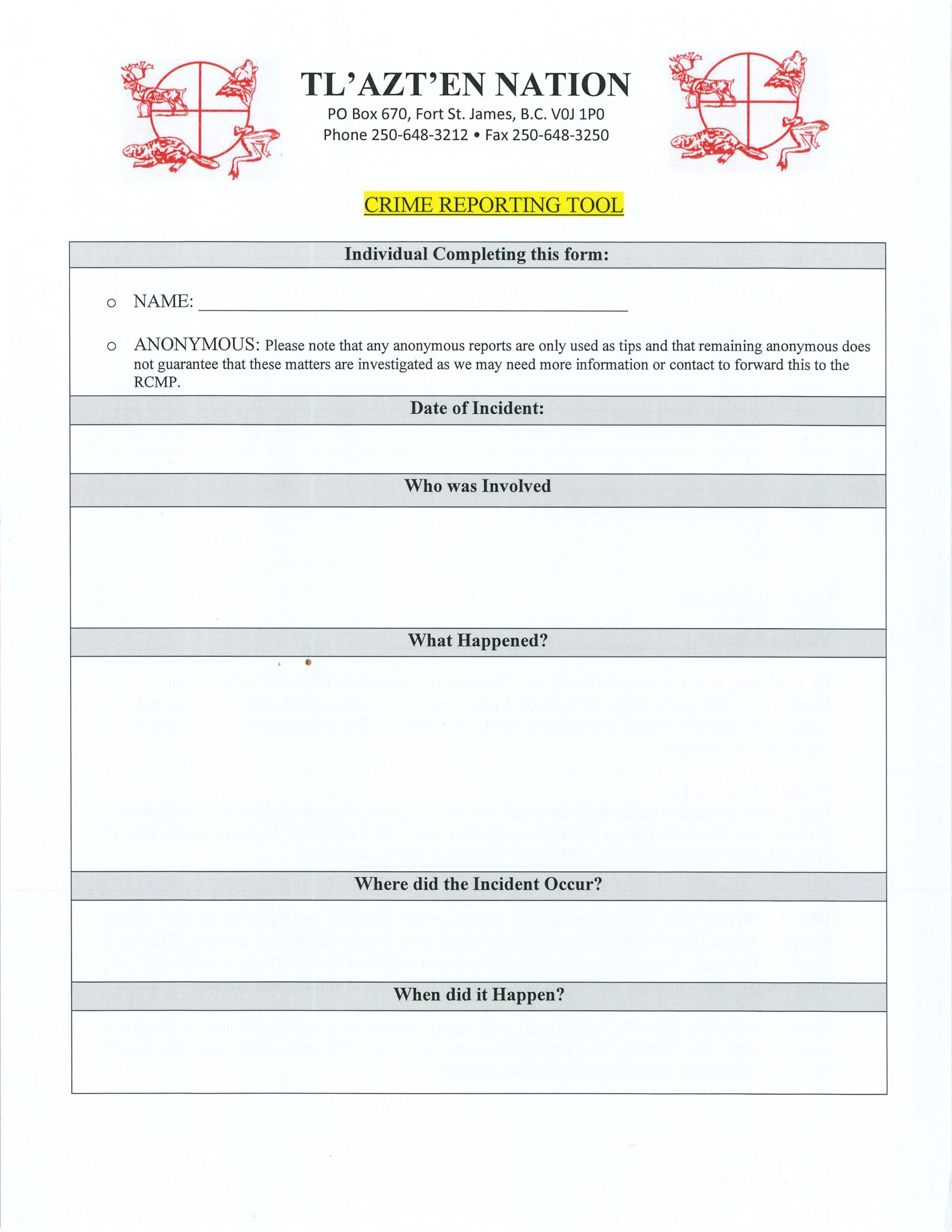 Crime Reporting Tool - Tl'azt'en Nation