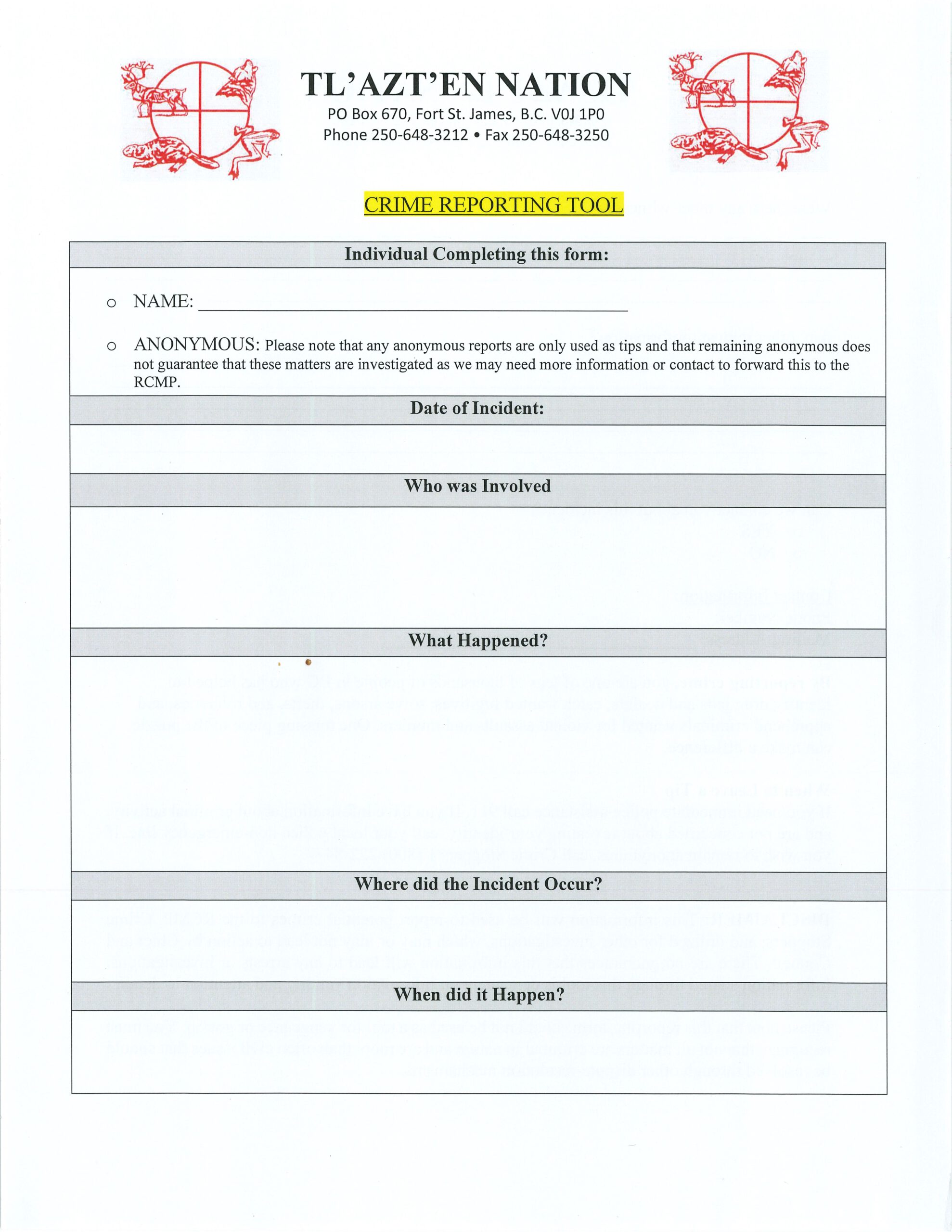 Crime Reporting Tool - Tl'azt'en Nation