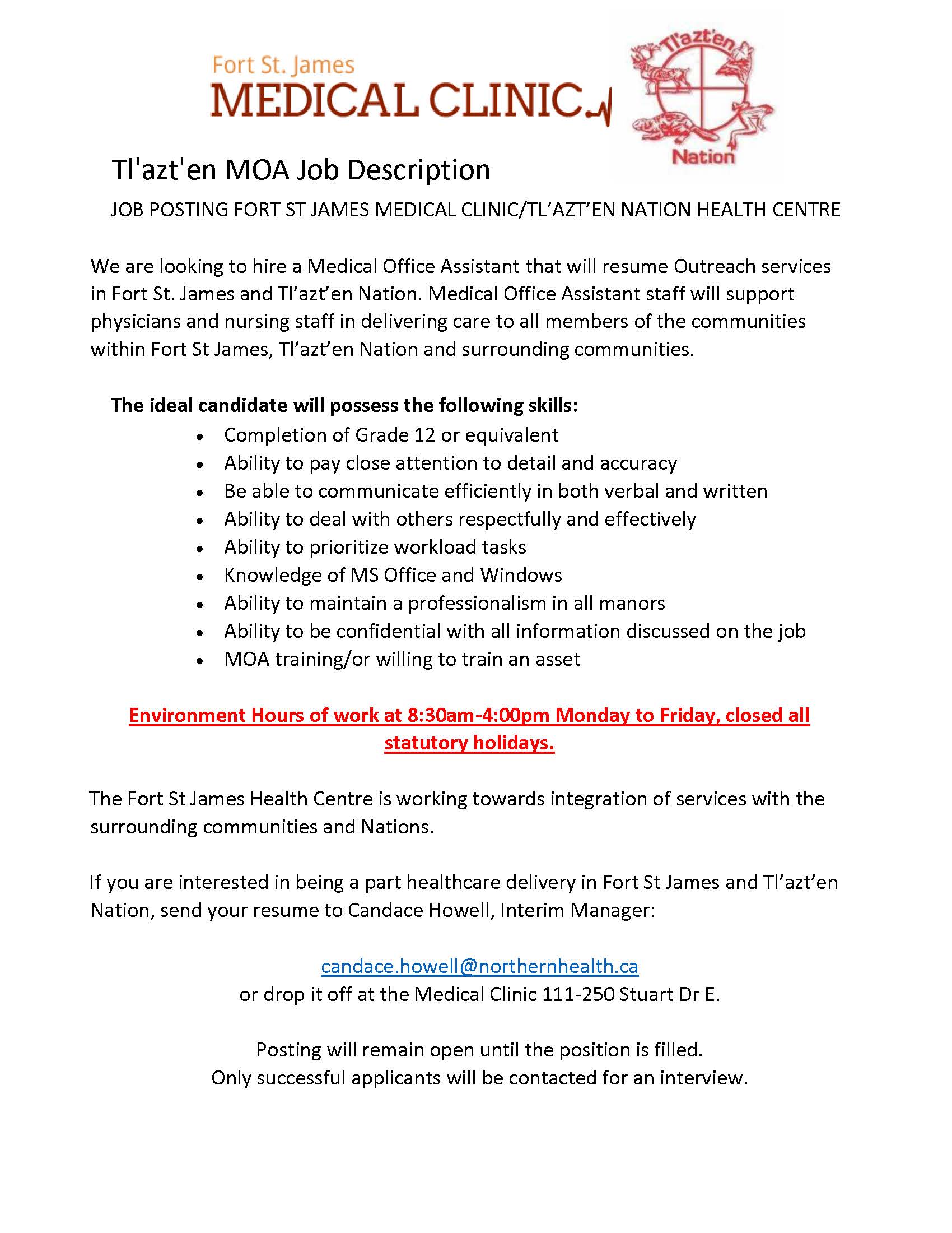 Tl’azt’en Medical Office Assistant (MOA) - Job Posting - Tl'azt'en Nation