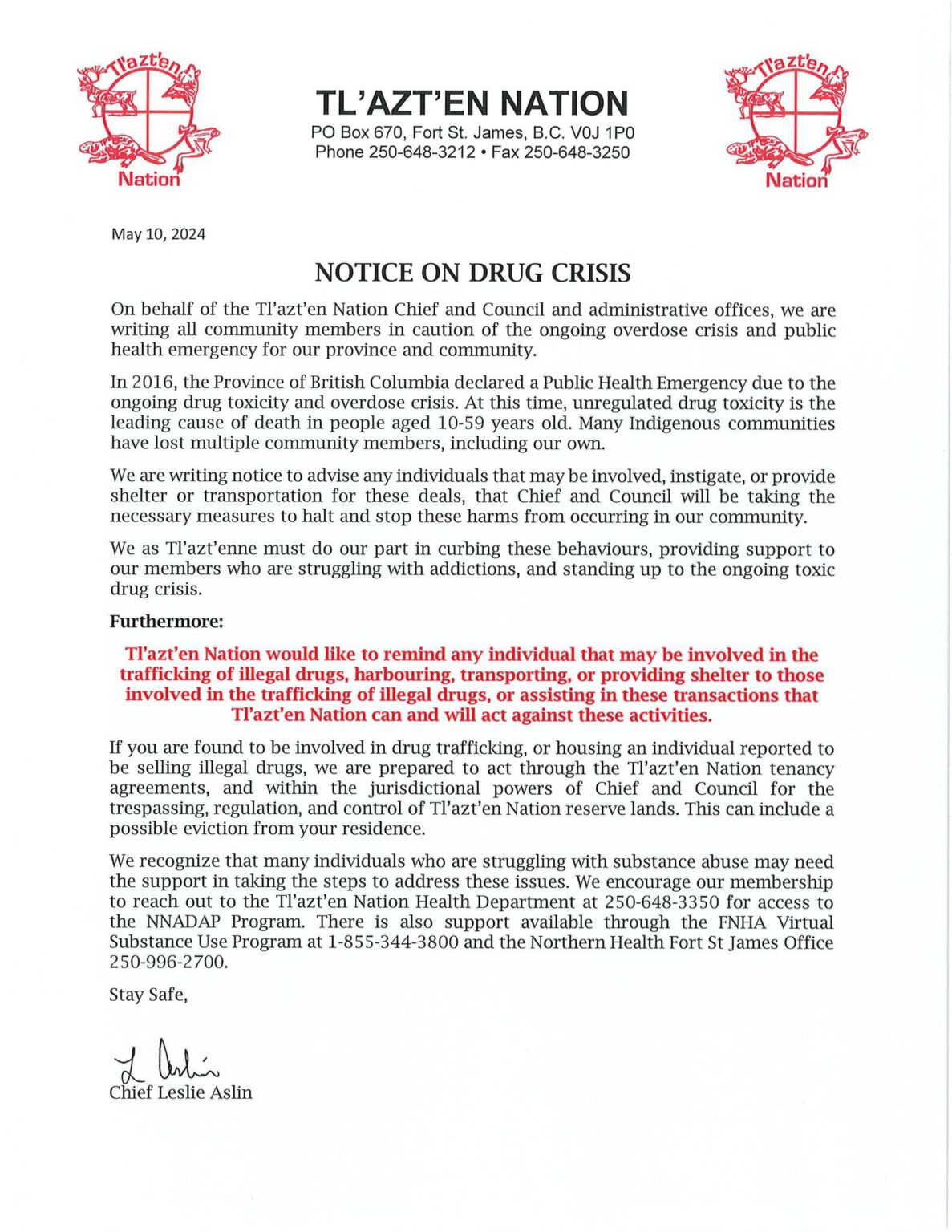 Notice of Drug Crisis - Tl'azt'en Nation