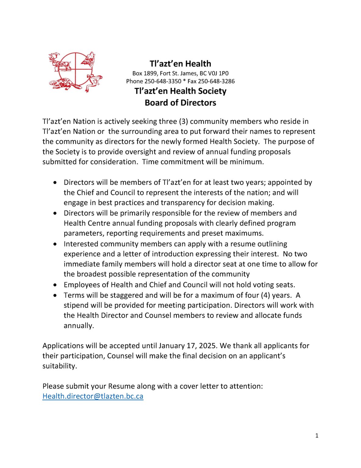 Tl’azt’en Health Society Board of Directors - Tl'azt'en Nation